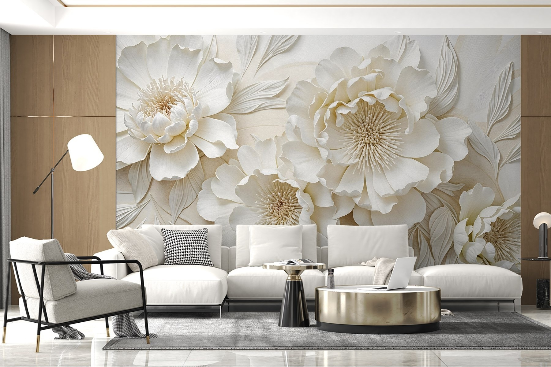 Wall murals White flowers with leaves : w08431 - Tapeko.us