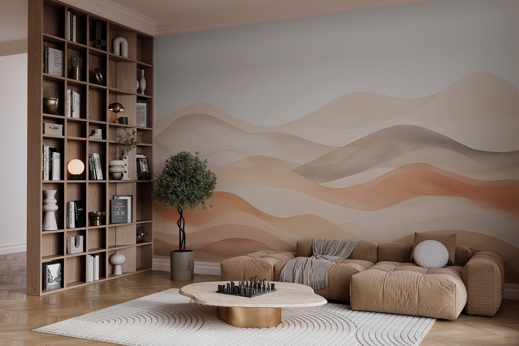 Wall murals Brown and white wavy lines : w02860 - Tapeko.us
