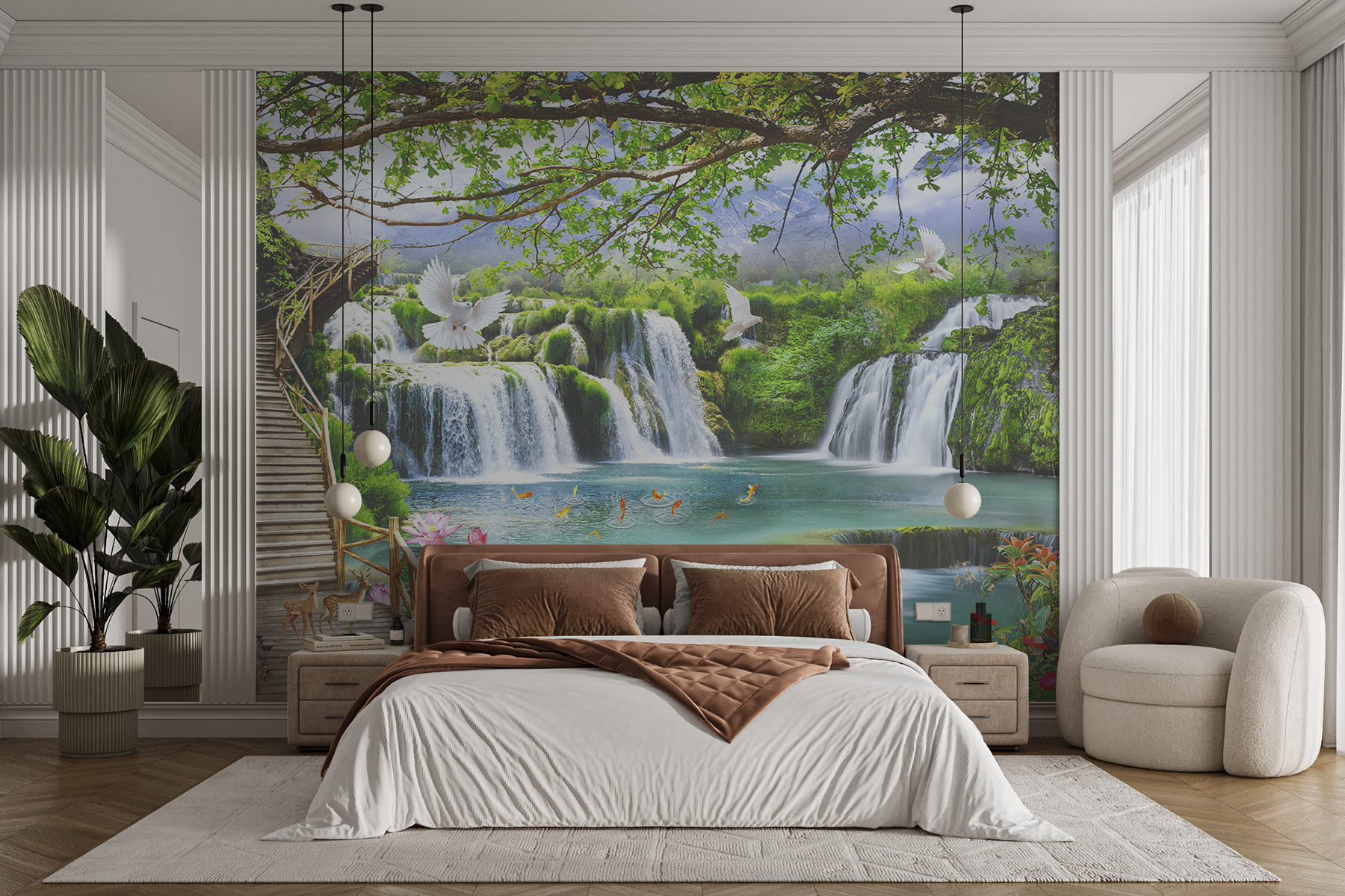 Wall murals Waterfall with birds and a bridge : u11152 - Tapeko.us